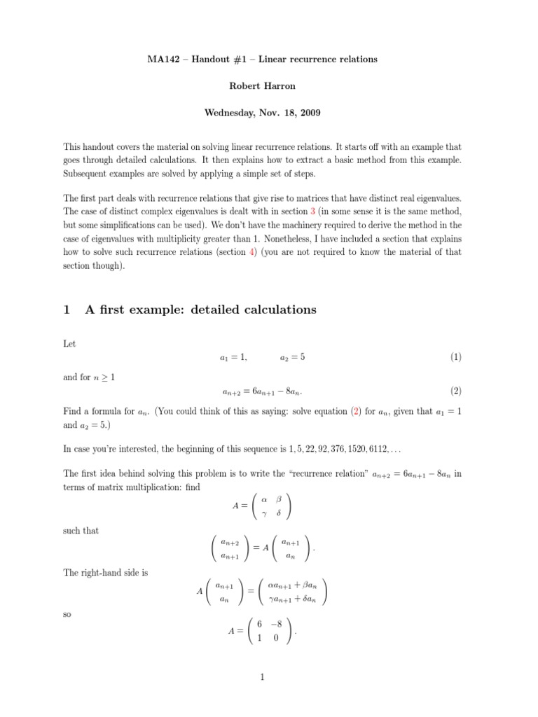 Linear Recurrence Pdf Recurrence Relation Eigenvalues And Eigenvectors 3859
