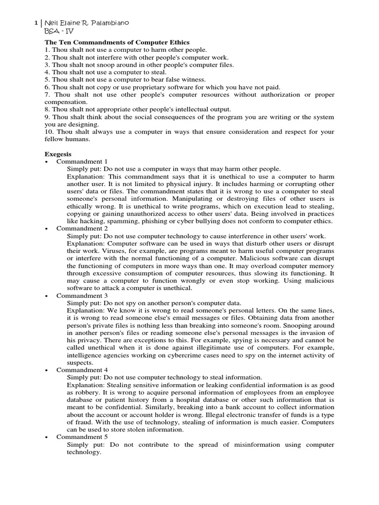Ten Commandments of Computer Ethics | PDF | Copyright Infringement ...