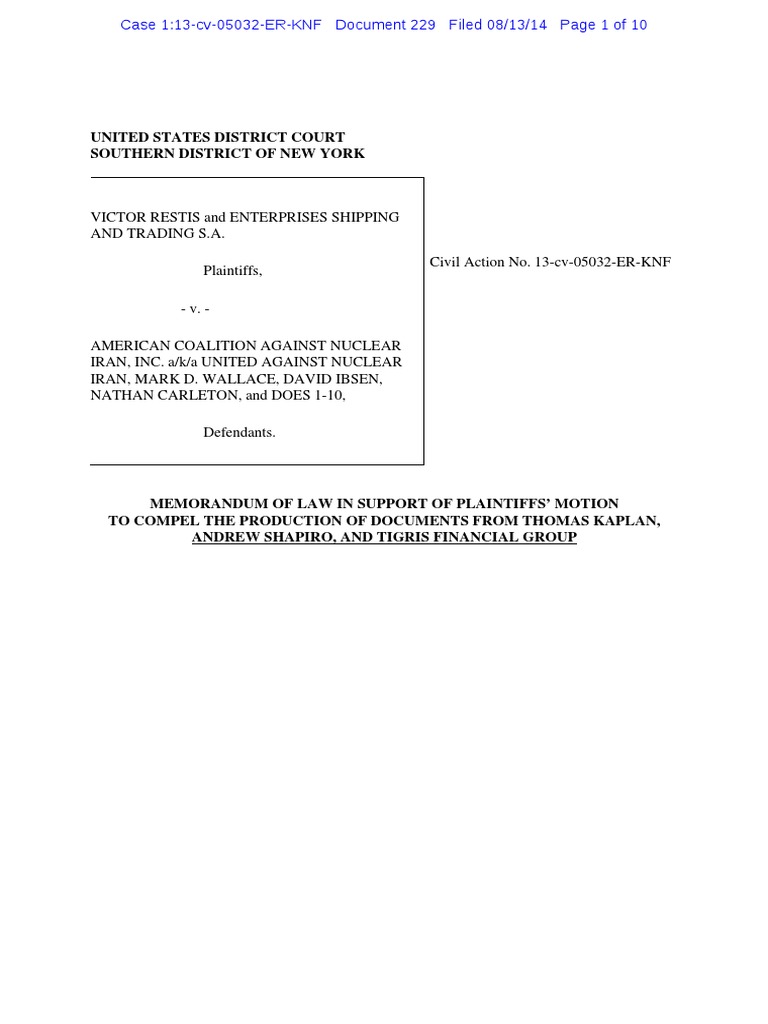 2014.08.13 Memorandum of Law in Support of Motion To Compel Tigris ...