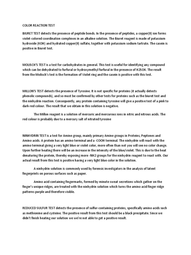 Color Reaction Test | PDF | Denaturation (Biochemistry) | Proteins