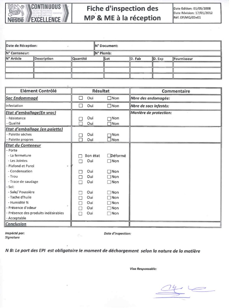 Fiche D'inspection Des Conteneurs À La Réception | PDF