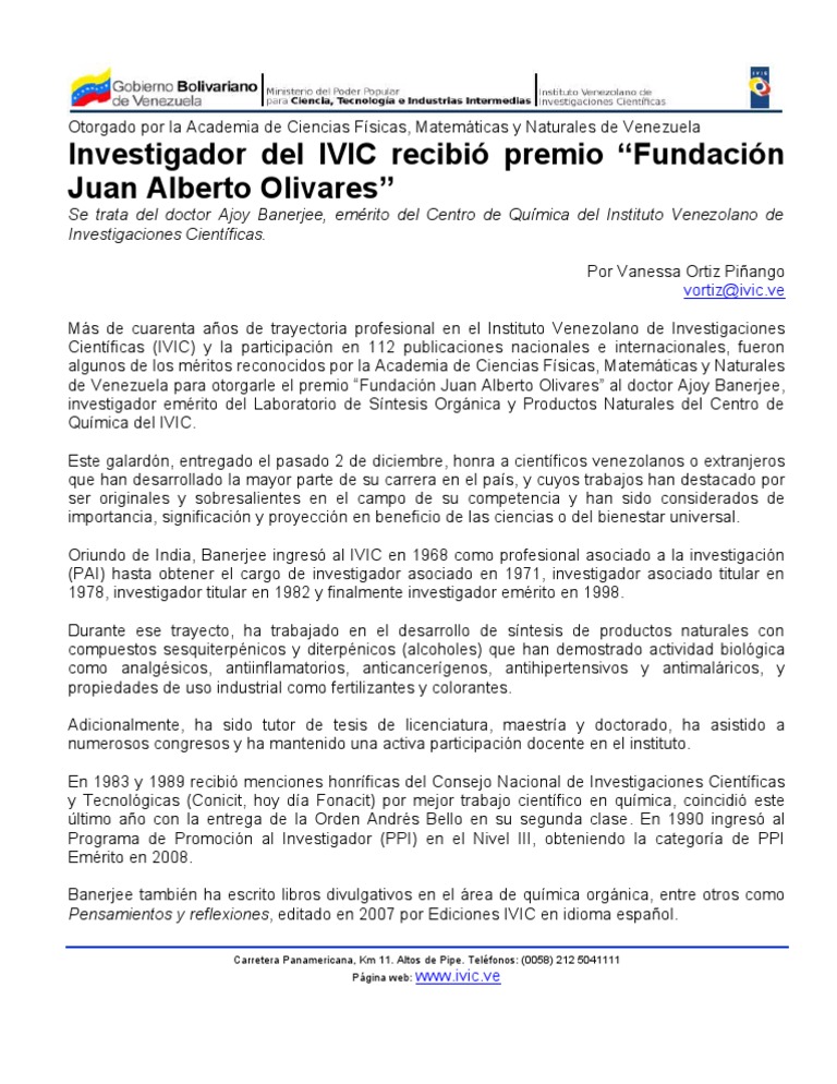 Ajoy Banerjee recibe premio Olivares | PDF | Venezuela | Ciencia y ...