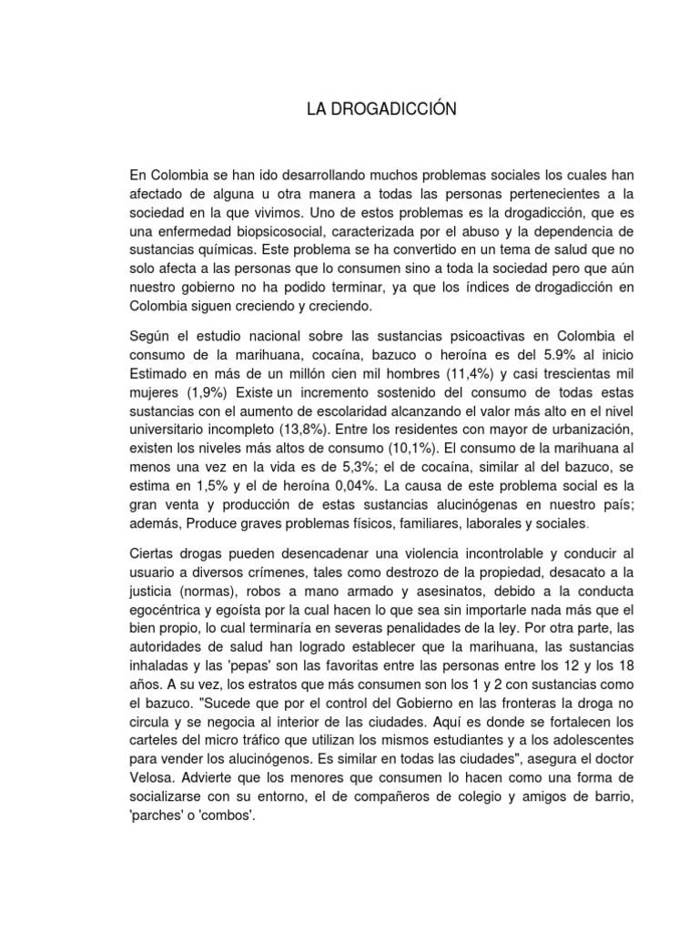 Ensayo Drogadiccion | PDF | La dependencia de sustancias | Drogas