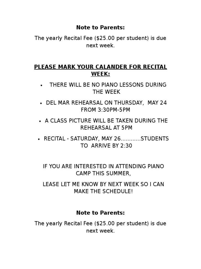 Recital Fee and Schedule Reminder | PDF | Home & Garden | Art