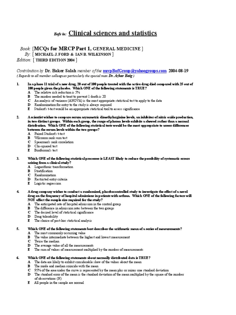 Clinical Sciences and Statistics: Mcqs For MRCP Part 1 | PDF | Mean ...