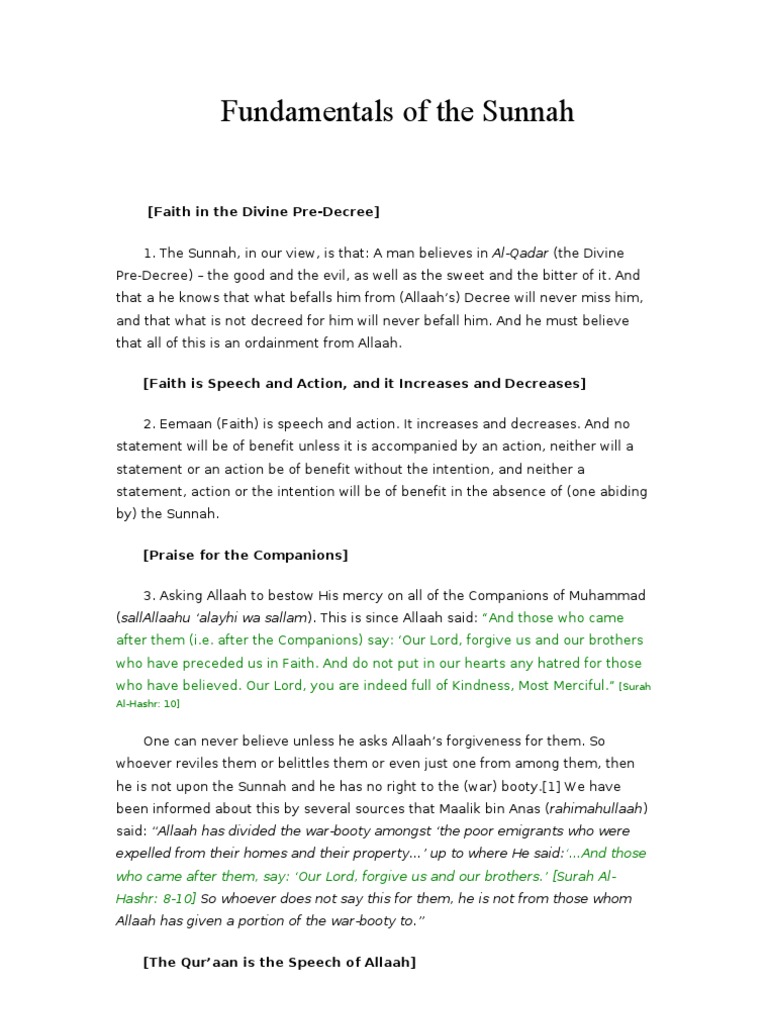 Fundamentals of The Sunnah | PDF | Sahabah | Hadith