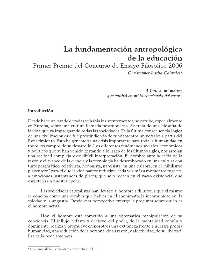 La Fundamentación Antropológica de La Educación. Christopher Barba ...