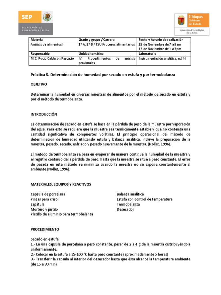 Determinación de Humedad Por Secado en Estufa y Por Termobalanza PDF ...