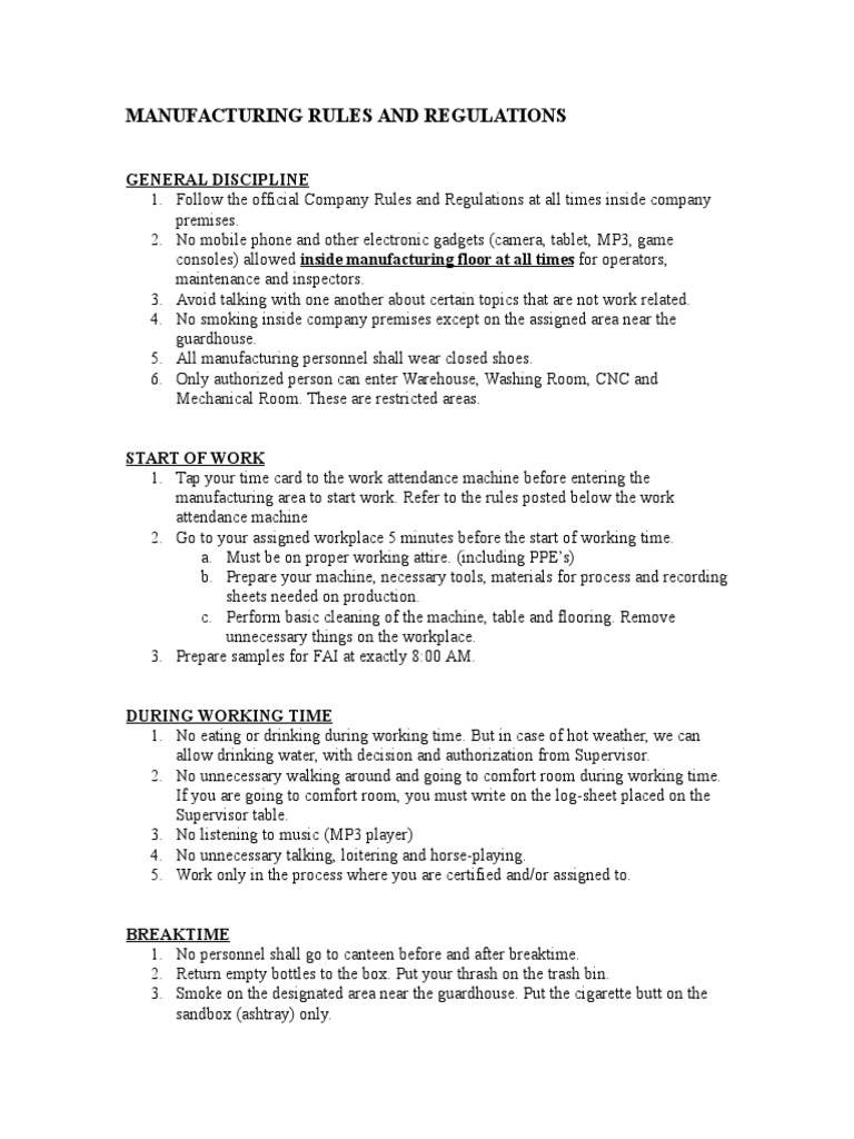 Manufacturing Rules and Regulations | PDF