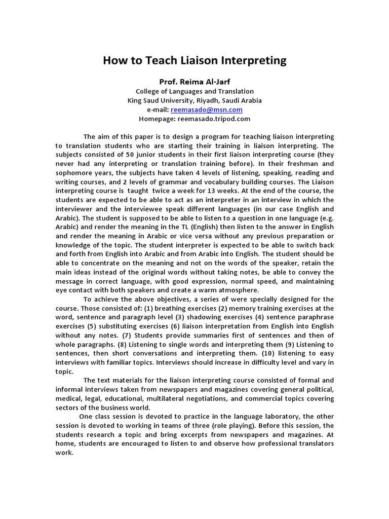 How To Teach Liaison Interpreting | PDF | Language Interpretation | Arabic