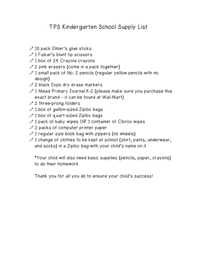 Kindergarten Supply List 2023 | PDF | Wellness