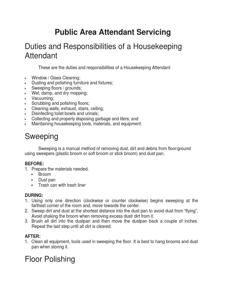Public Area Attendant Servicing | PDF | Housekeeping | Vacuum Cleaner