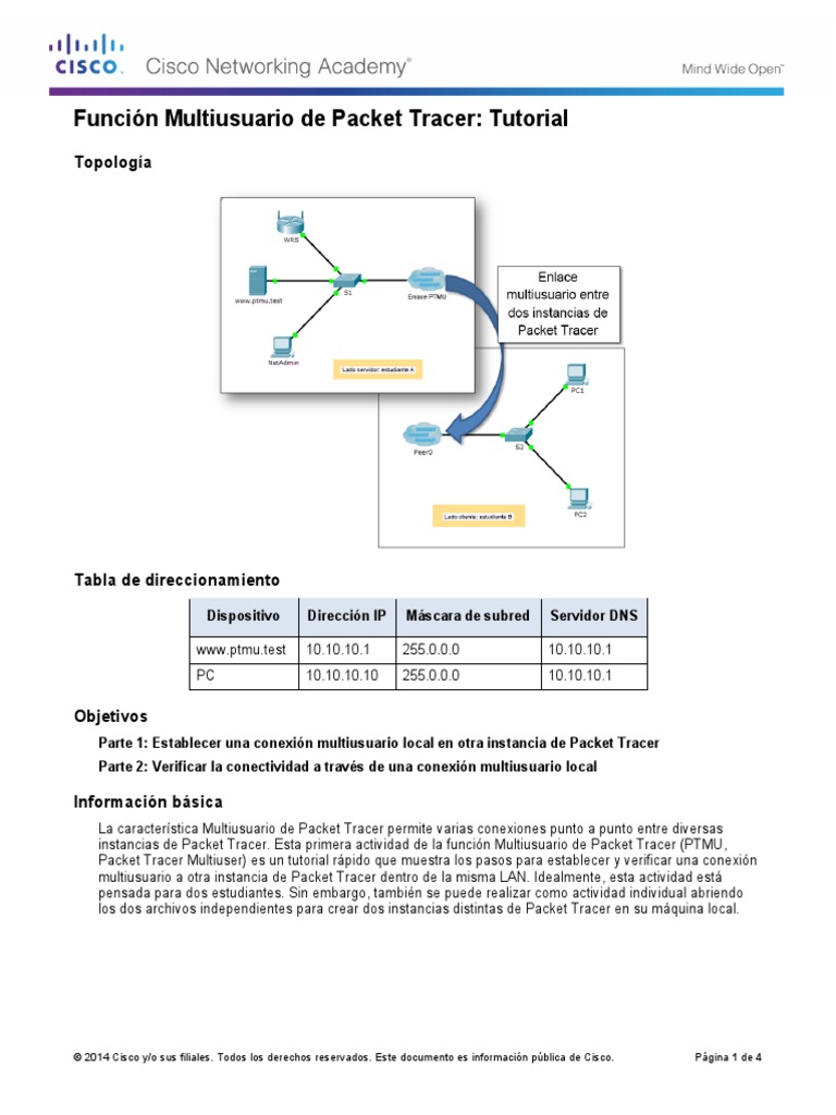 10.4.1.2 Packet Tracer Multiuser - Tutorial Instructions | PDF | Dirección IP | Contraseña