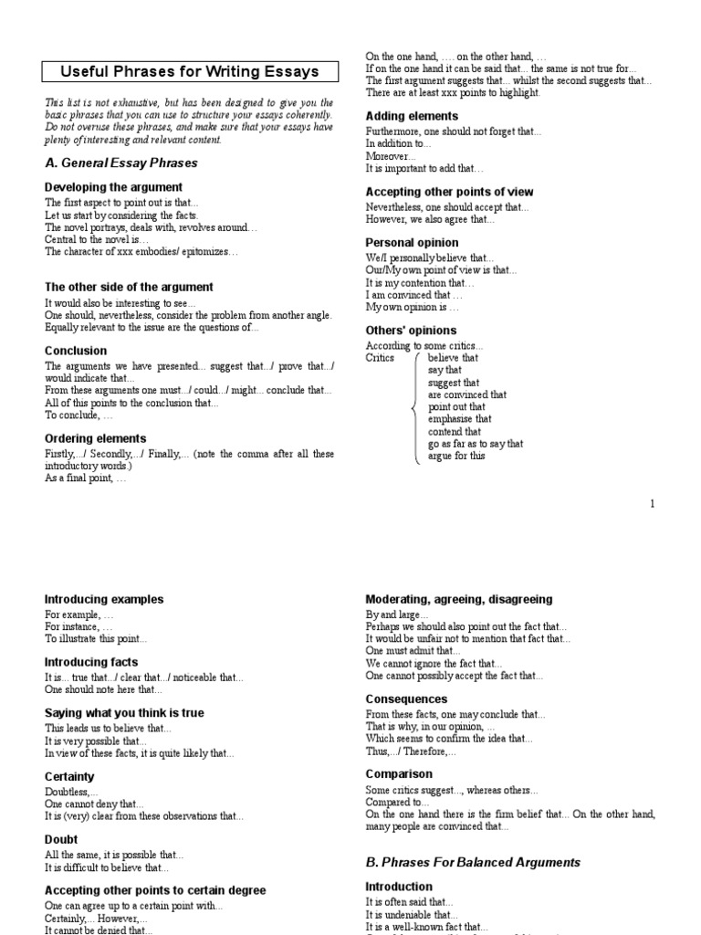 Useful Phrases For Writing Essays: A. General Essay Phrases | PDF | Sentence (Linguistics) | Syntax
