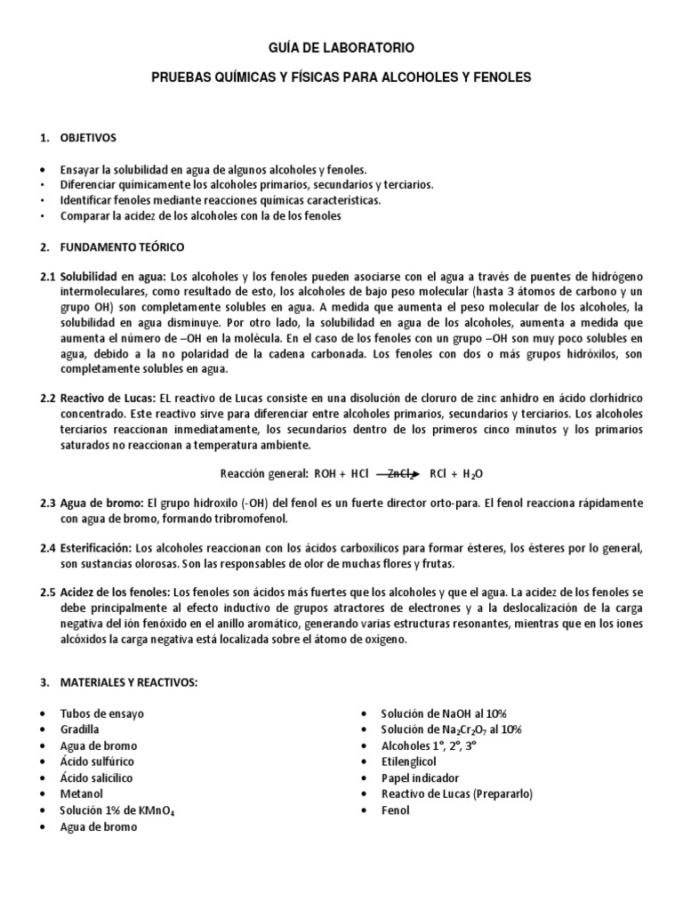 Pruebas de Alcoholes y Fenoles en Laboratorio | PDF | Alcohol | Solubilidad