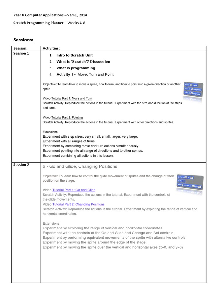 Scratch Session Planner | PDF | Scratch (Programming Language) | Tutorial