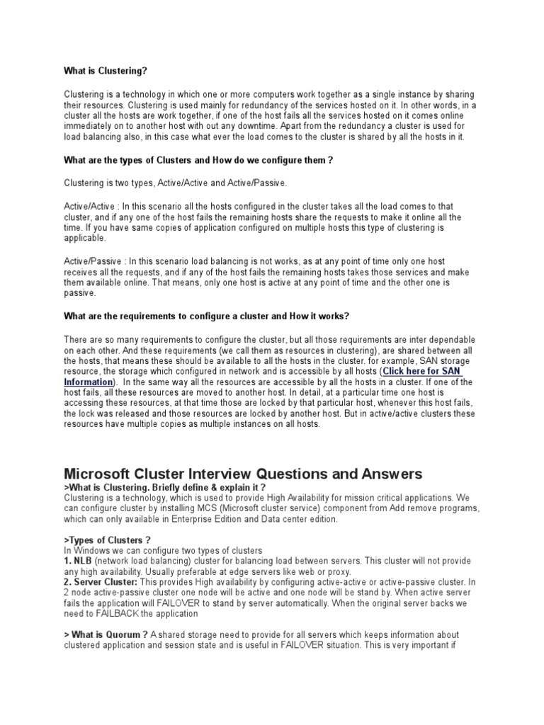 Microsoft Cluster Interview Questions And Answers What Is Clustering Pdf Computer Cluster