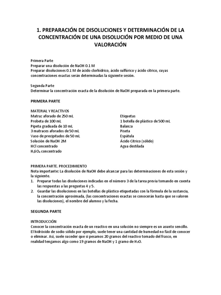 Practica 1. Preparacion de Disoluciones | PDF | Valoración | Química