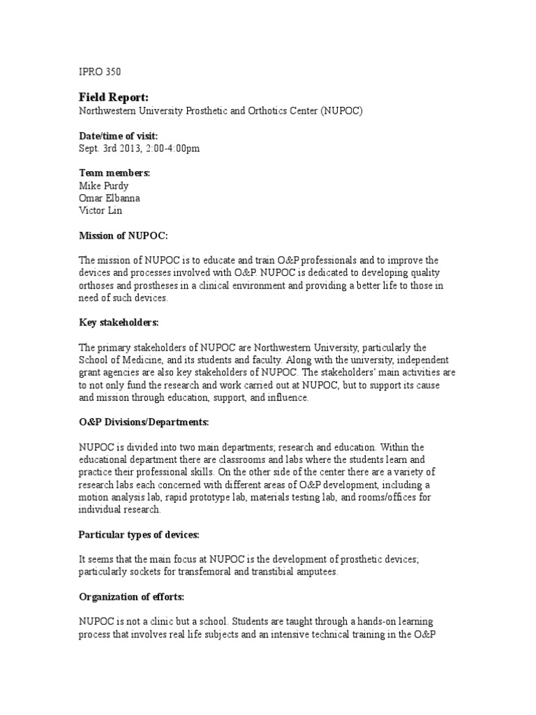 Field Report:: Date/time of Visit | PDF | Medical Equipment | Surgical ...