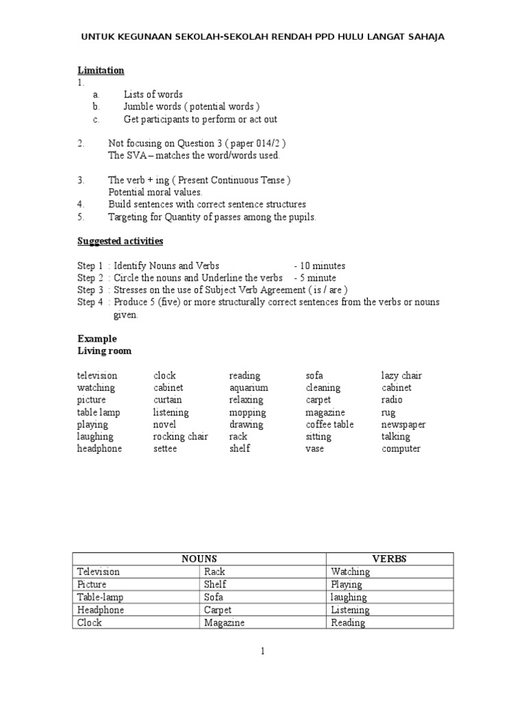 English UPSR Paper 2 Notes A | Verb | Bed