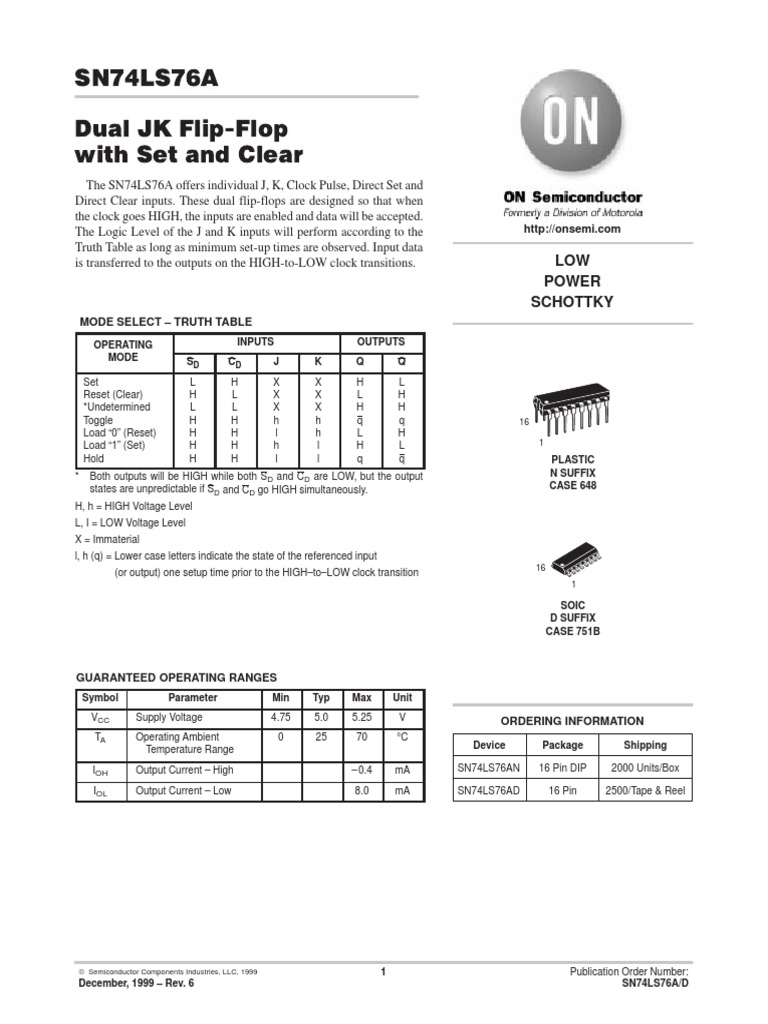 SN74LS76A Dual JK Flip-Flop With Set and Clear: LOW Power Schottky ...
