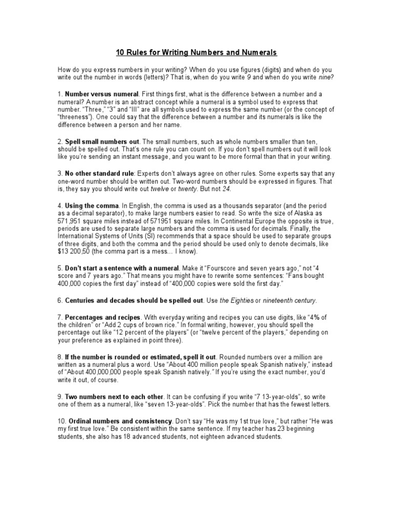 10 Rules For Writing Numbers and Numerals | PDF | Language Mechanics ...