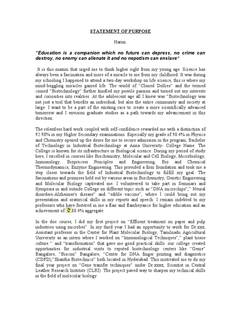 Biotechnology Sample Sop 2 | PDF | Biotechnology | Life Sciences