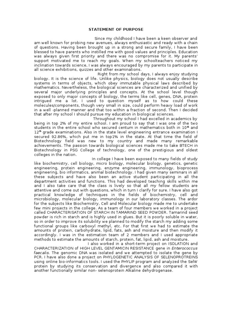 SOP for PhD in Biotechnology | PDF | Molecular Biology | Polymerase ...