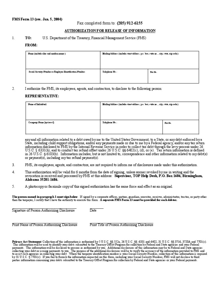 FMS form 13 | Social Security Number | United States Code