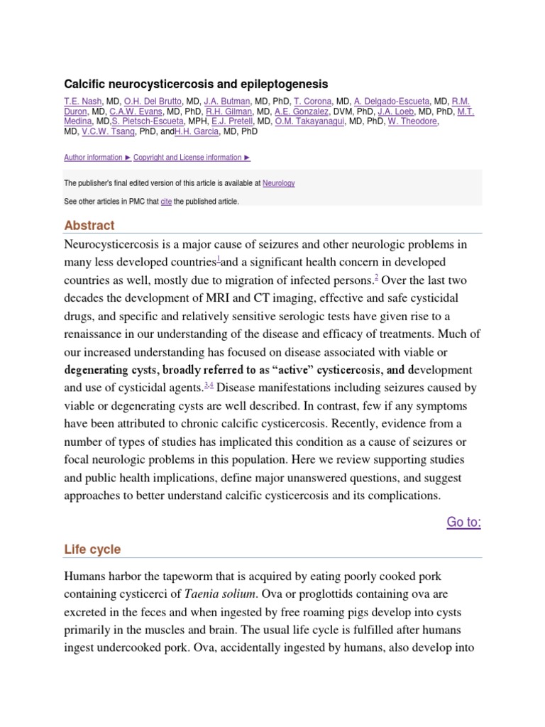 Calcific Neurocysticercosis and Epileptogenesis | PDF | Medical ...