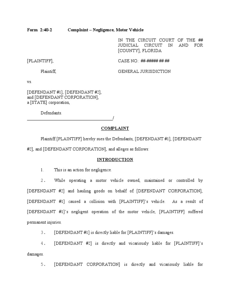 Motor Vehicle Negligence Complaint Sample | PDF | Duty Of Care | Negligence