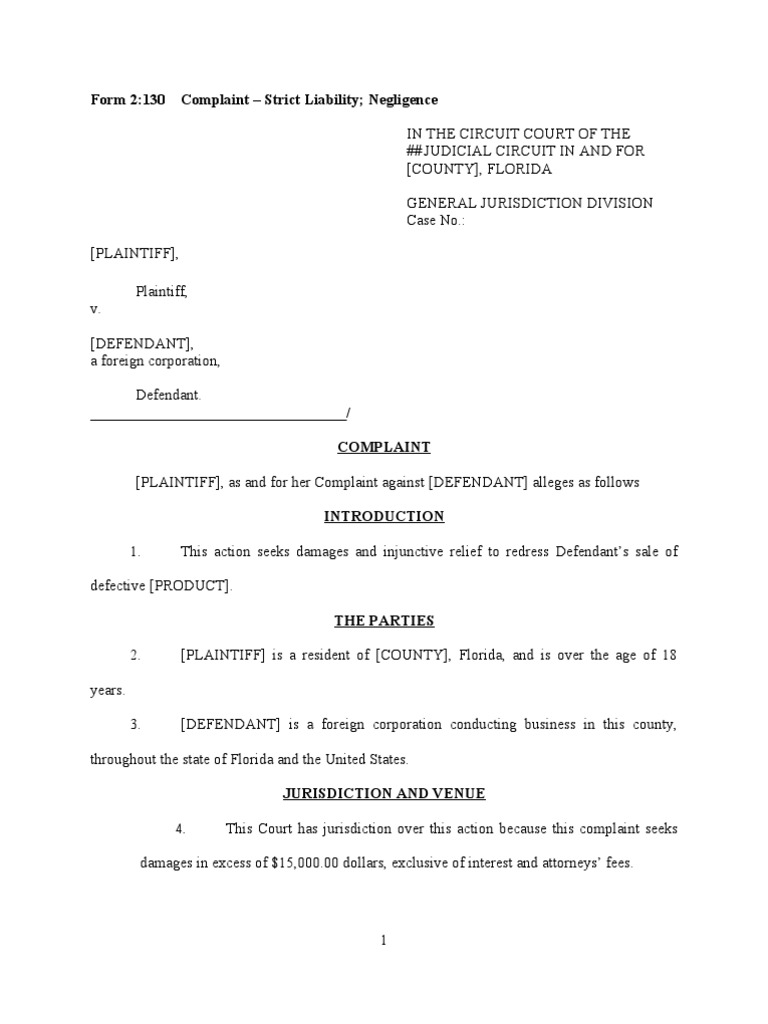 Complaint - Strict Liability, Negligence | PDF | Negligence | Damages