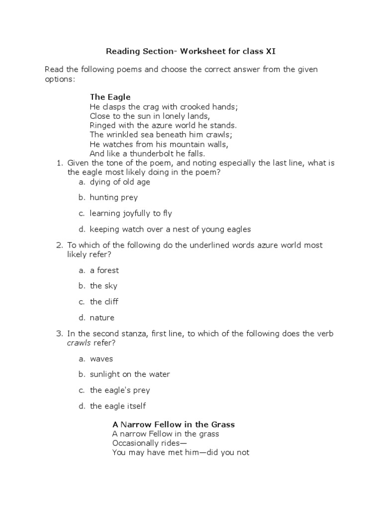 Class XI Poetry Reading Worksheet | PDF