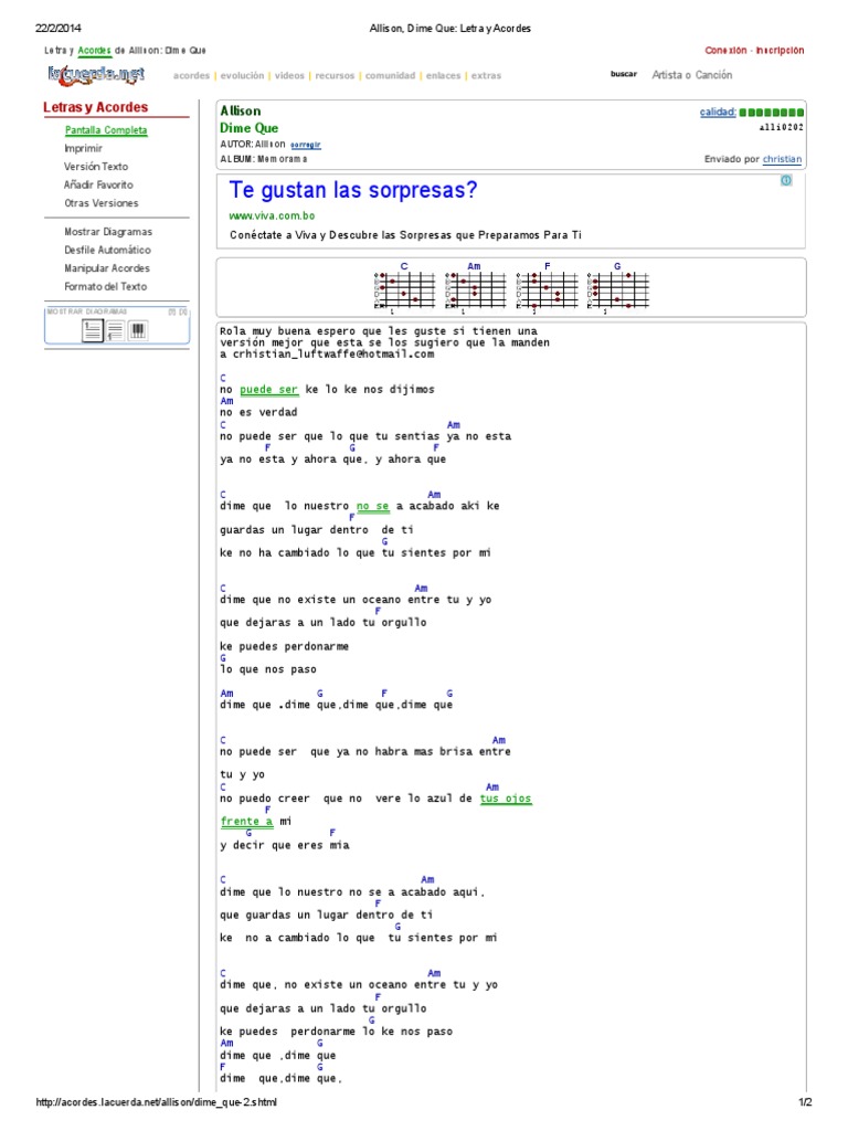 Letra y Acordes de "Dime Que" - Allison | PDF