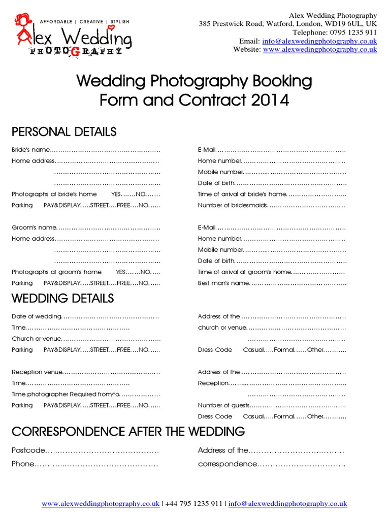 Alex Wedding Photography Booking Form Conditions | PDF | Wedding ...