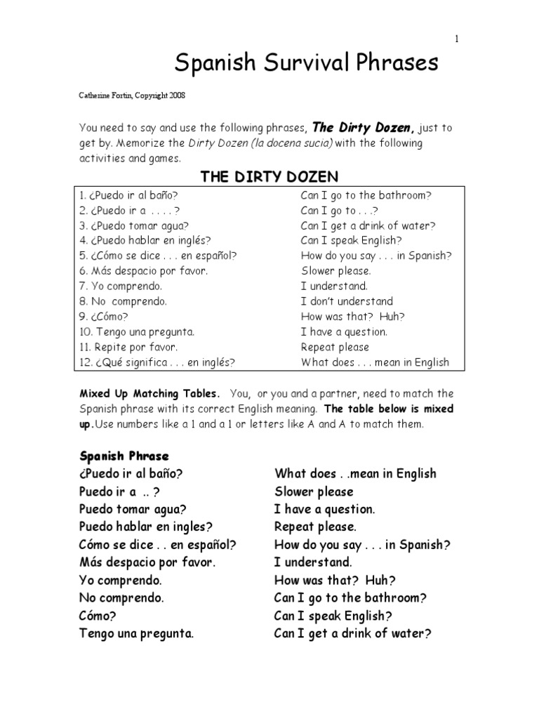 w1d2 Spanish Survival Phrases Lesson | PDF | Mecánica del lenguaje ...