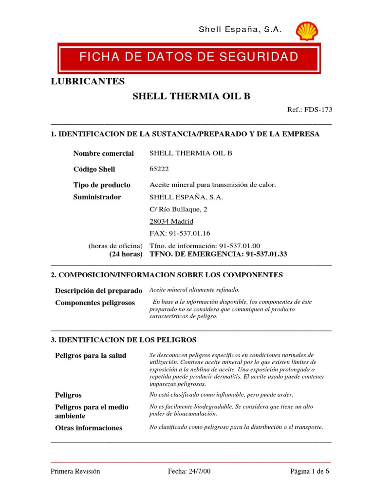 Ficha Seguridad Shell Thermia Oil B | PDF | Primeros auxilios ...