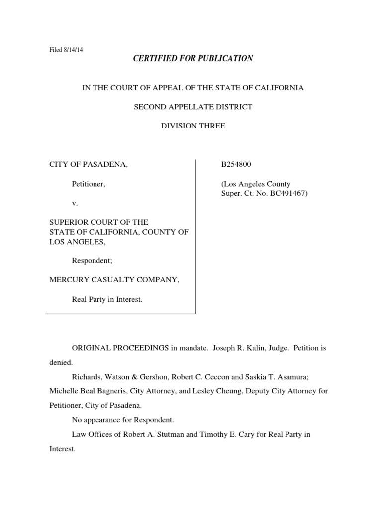 City of Pasadena v. Superior Court, No.B254800 (Cal. App. Aug. 14, 2015 ...