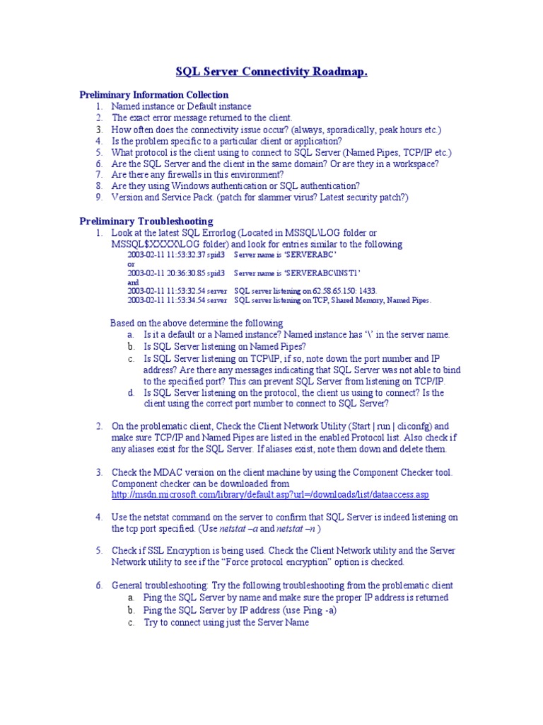 SQL Server Connectivity Roadmap.: Preliminary Troubleshooting | PDF ...