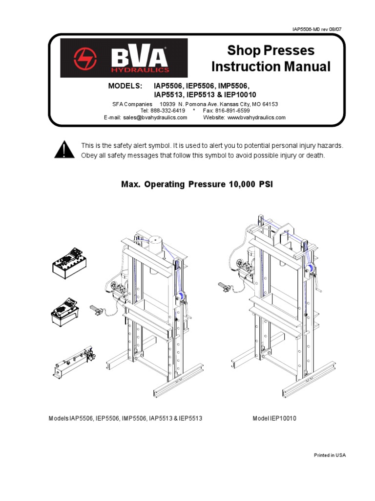 Shop Presses Instruction Manual: Max. Operating Pressure 10,000 PSI ...