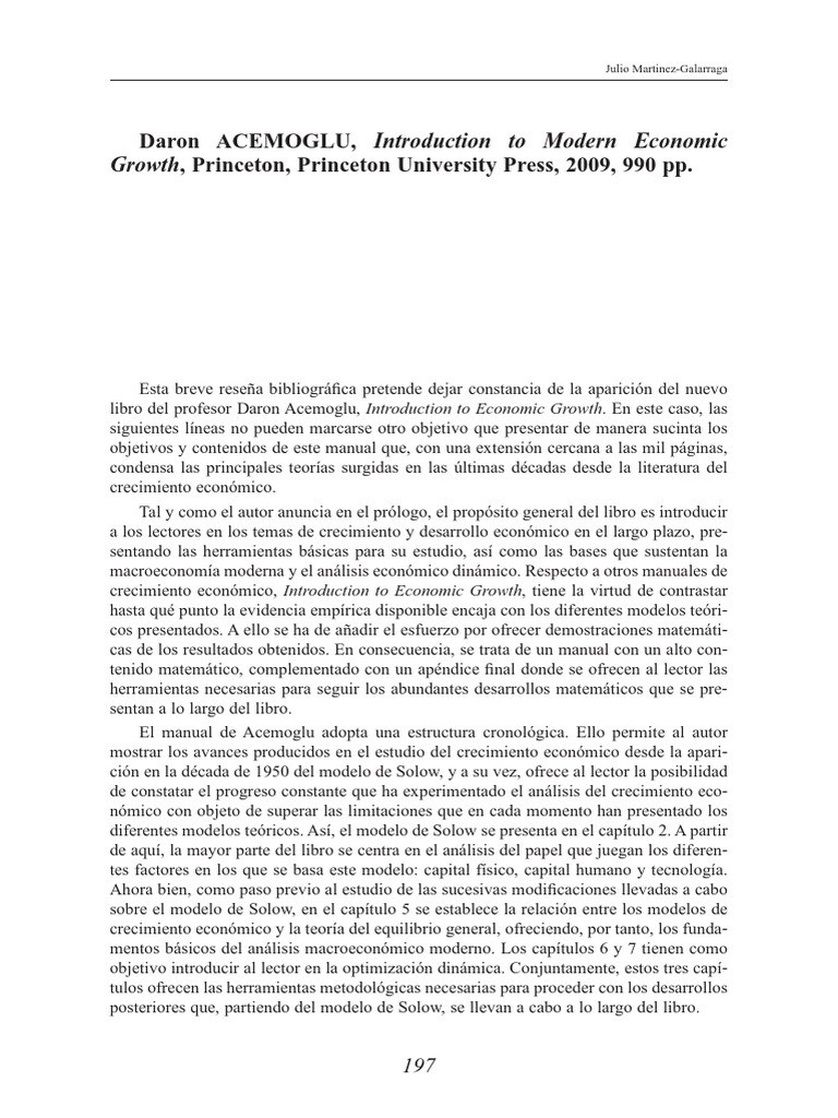 Reseña Bibliografica Daron ACEMOGLU, Introduction To Modern Economic ...