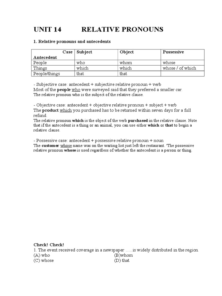 Unit 14 Relative Pronouns | PDF | Adverb | Pronoun