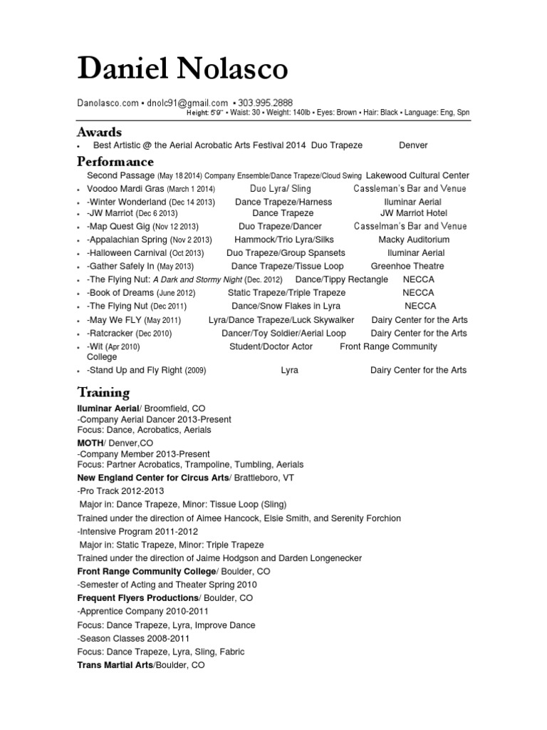 Circus Resume Blackwhite | PDF | Sports And Entertainment Skills ...