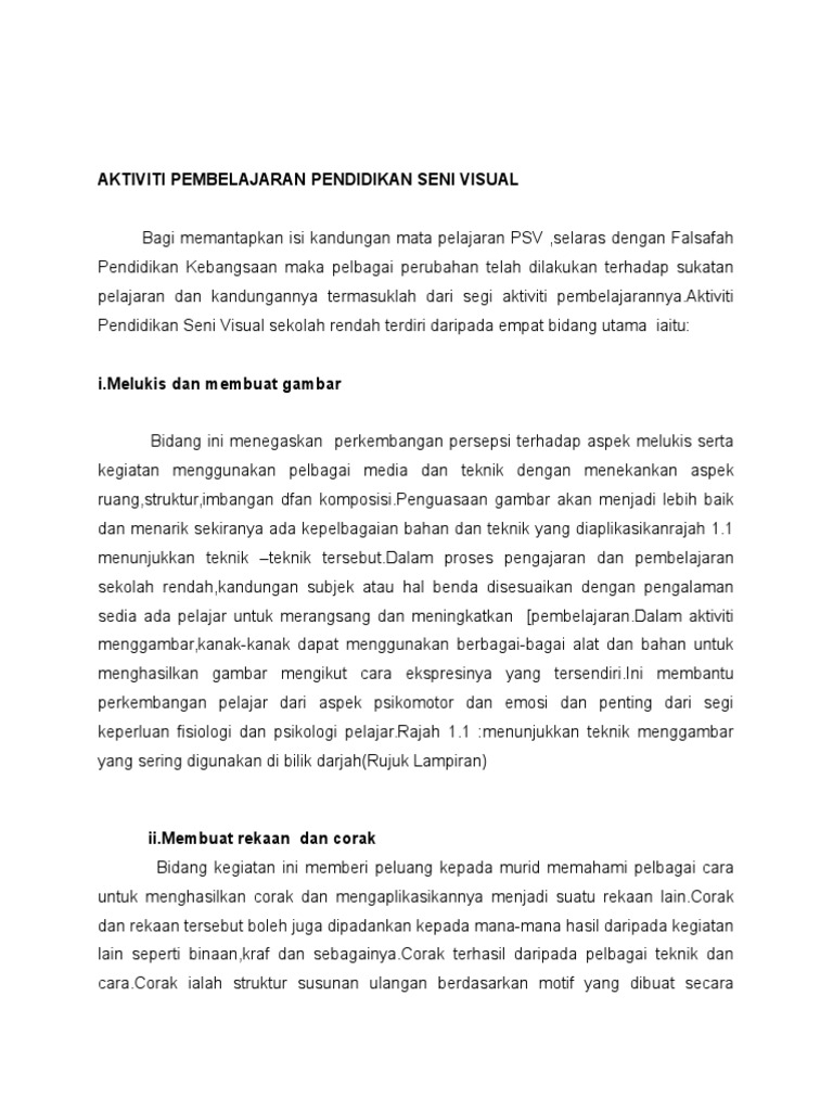 Aktiviti Pembelajaran Seni Visual PSV | PDF
