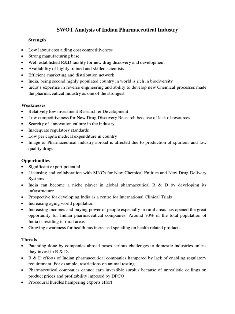 SWOT Analysis of Indian Pharma Industry | PDF