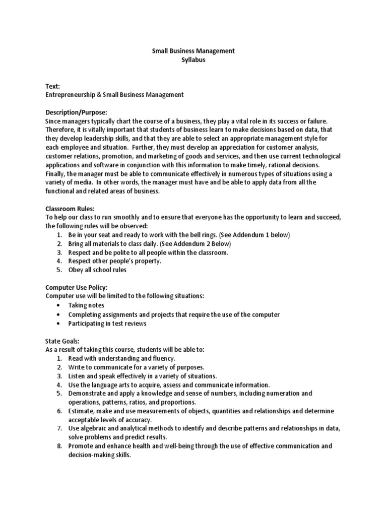 Small Business Management Syllabus | PDF | Entrepreneurship | Simulation