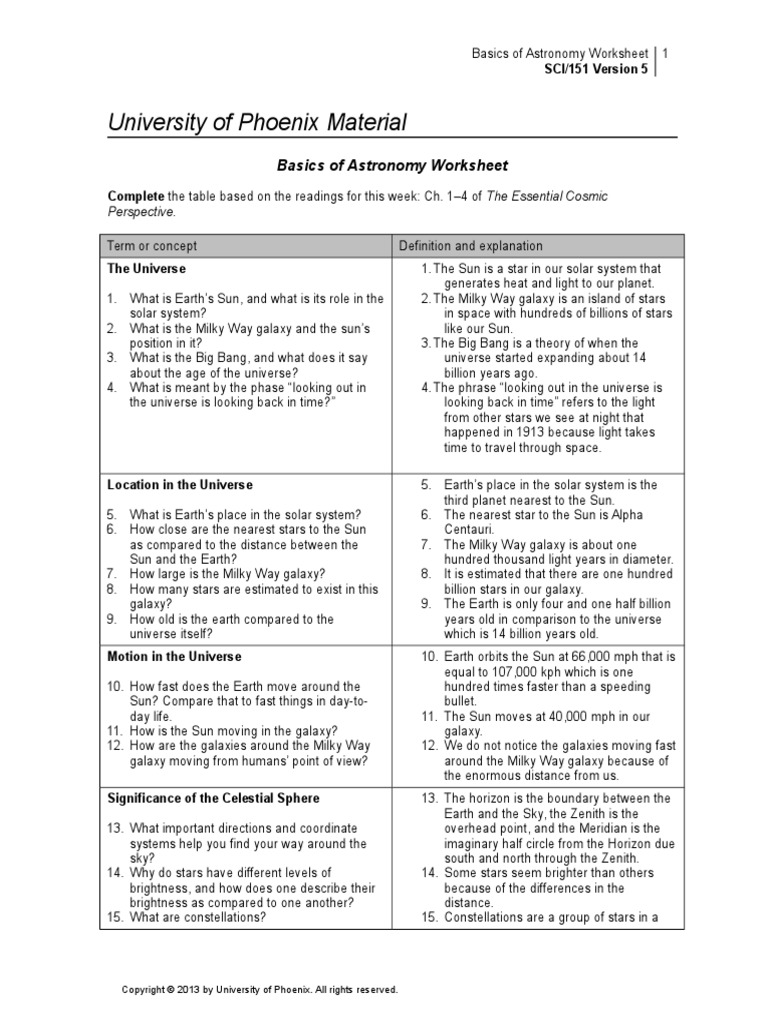 University of Phoenix Material: Basics of Astronomy Worksheet | PDF ...