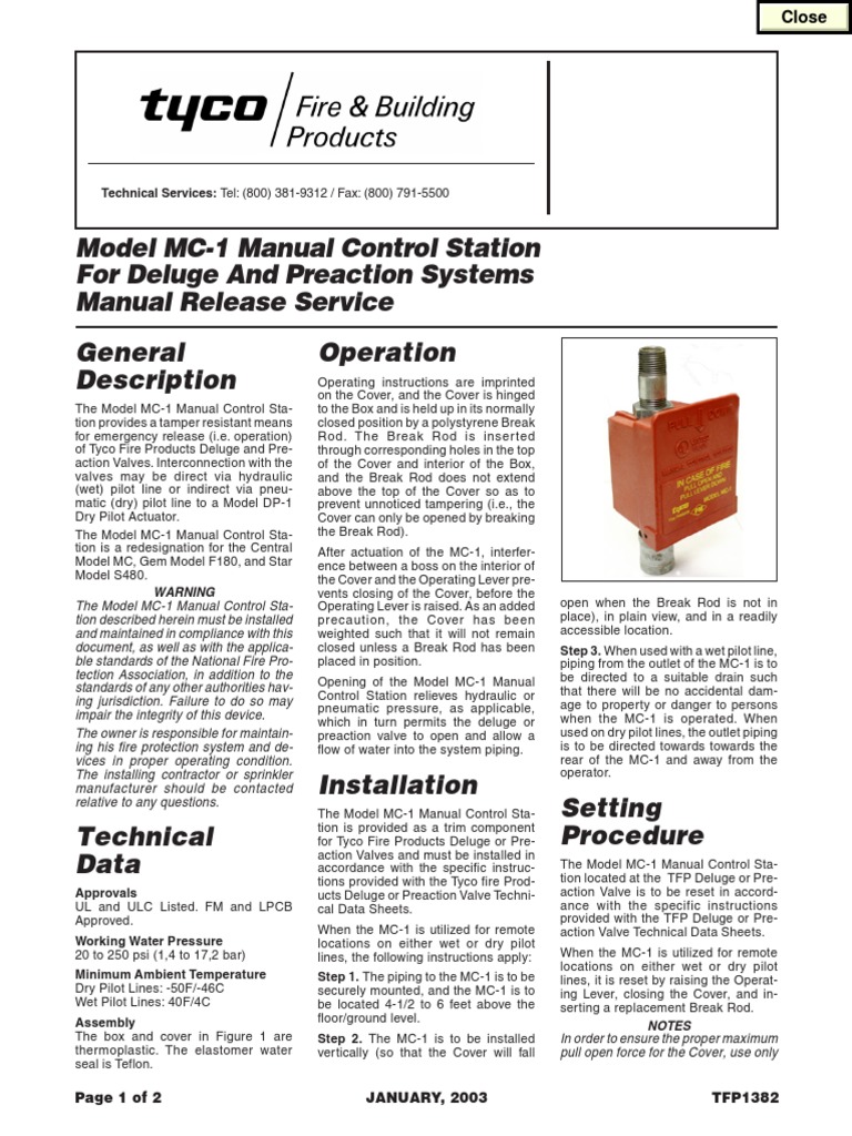 Model MC-1 Manual Control Station For Deluge and Preaction Systems ...