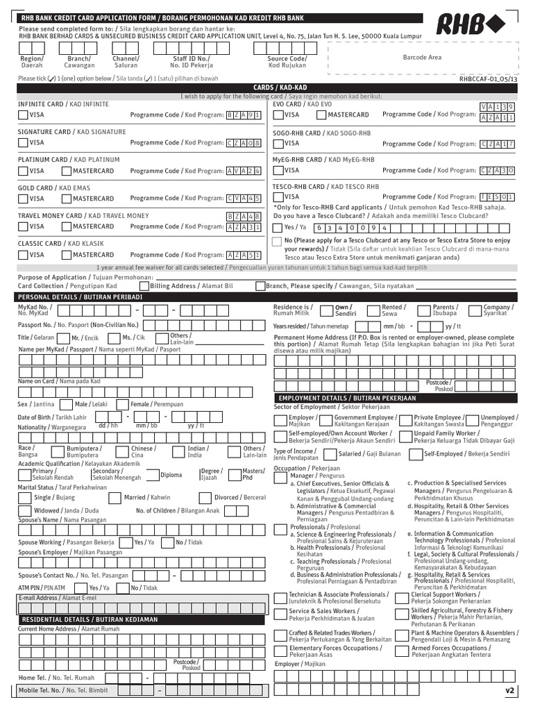 MyEG-RHB - Credit Card Application Form | PDF