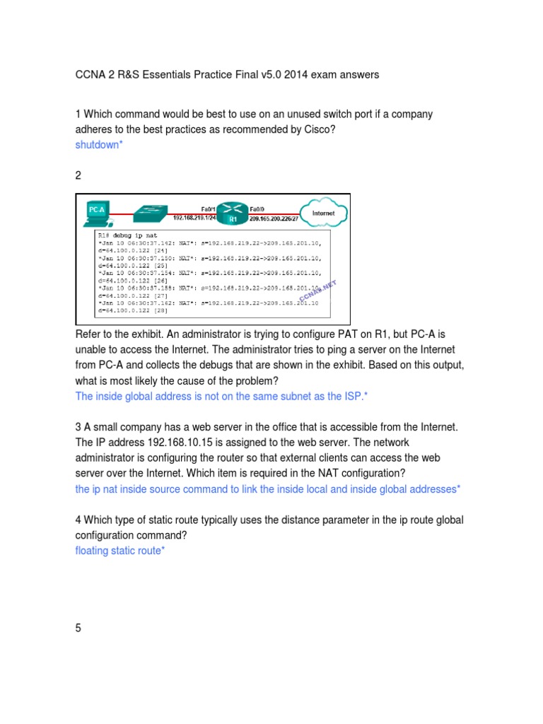 CCNA 2 R&S Essentials Practice Final v5.0 2014 Exam Answers: Shutdown | PDF | Router (Computing ...